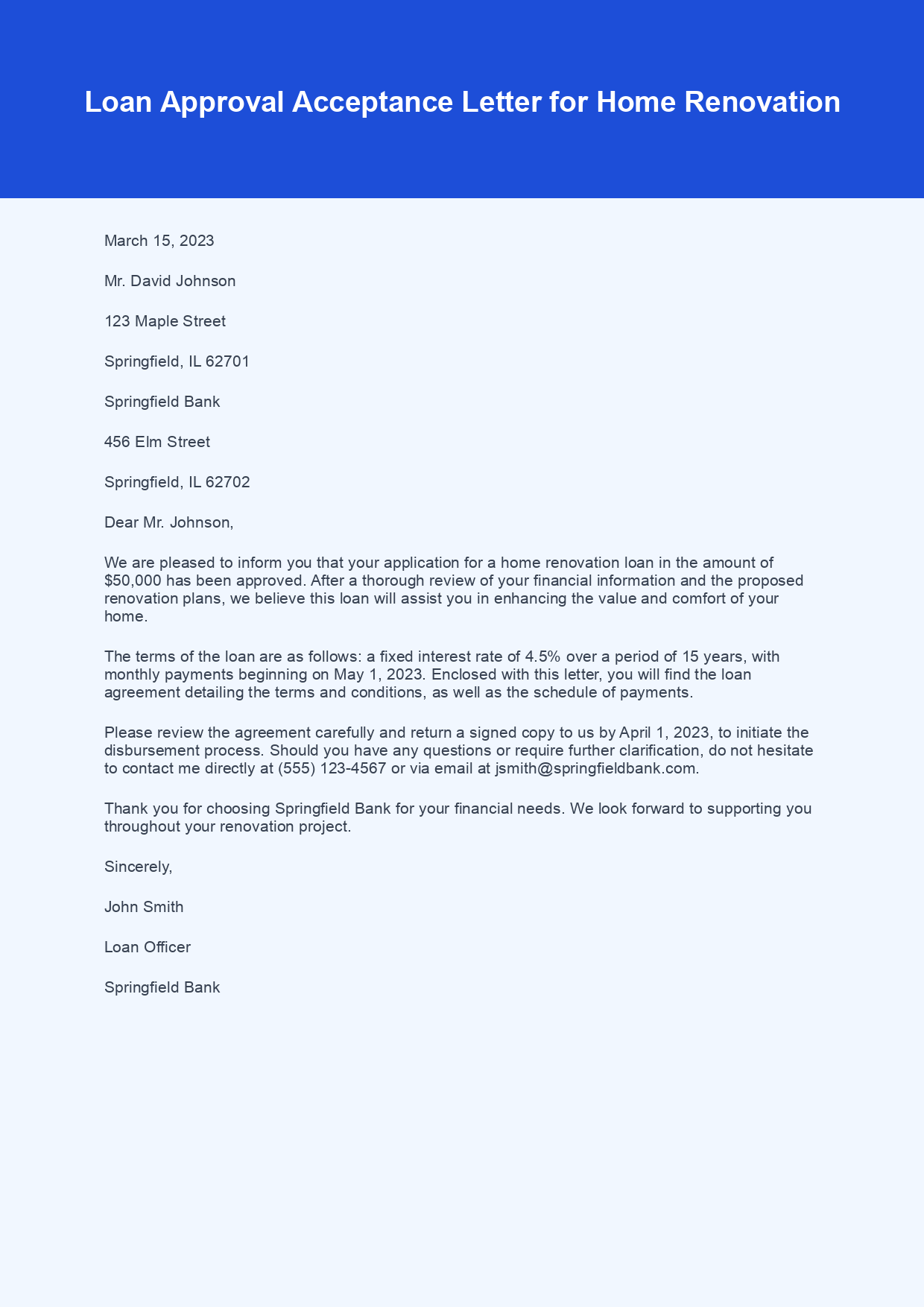 Acceptance Letter for Loan Approval Format