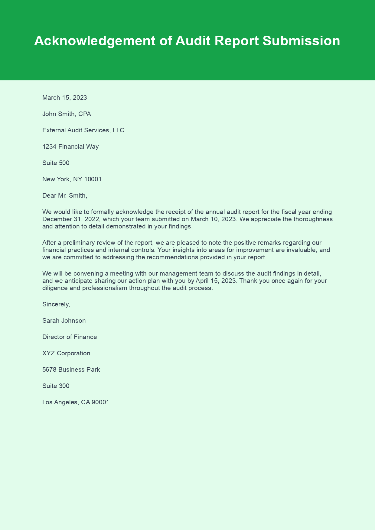 Acknowledgement Letter for Audit Report Submission Example