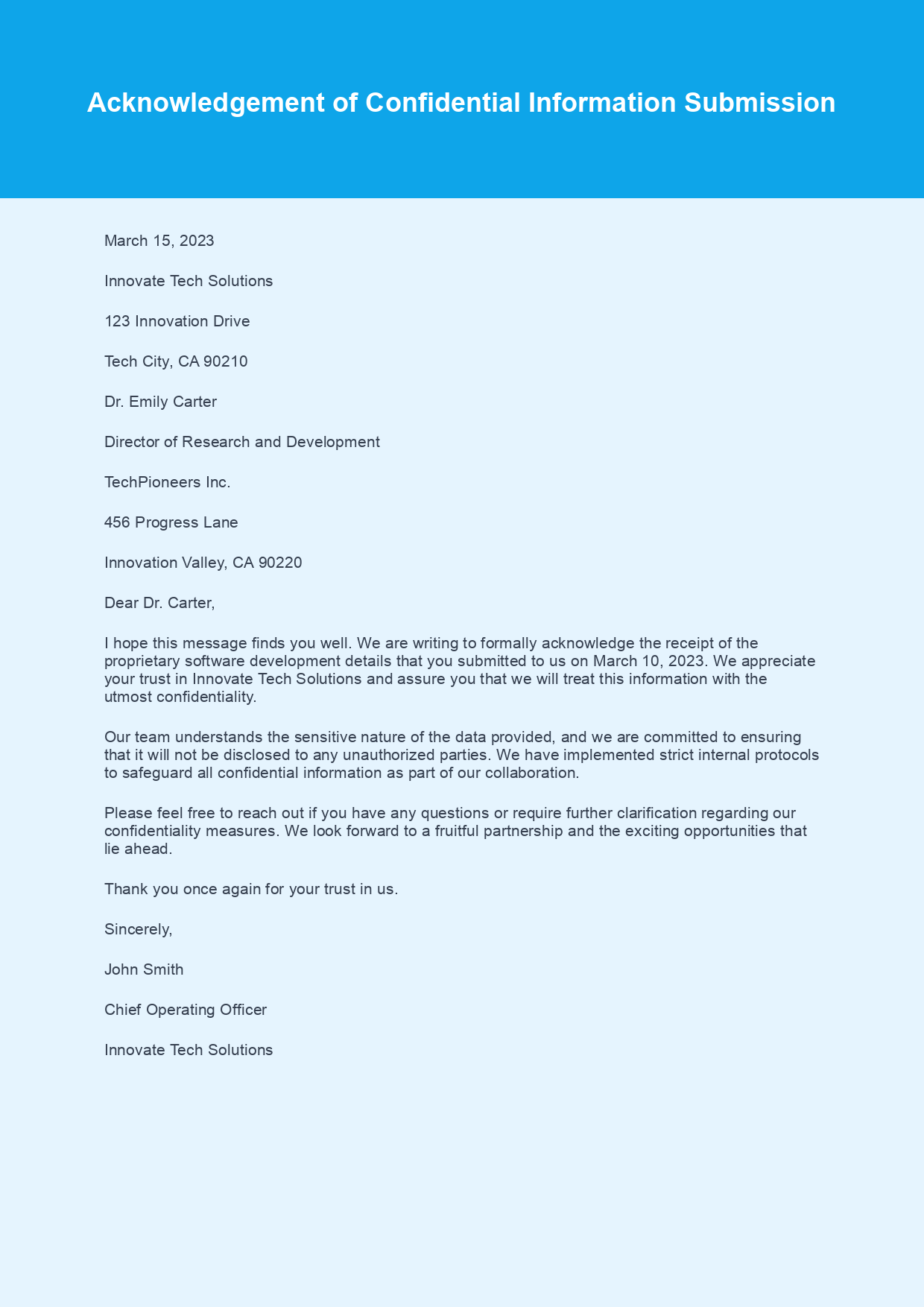 Acknowledgement Letter for Confidential Information Receipt Format