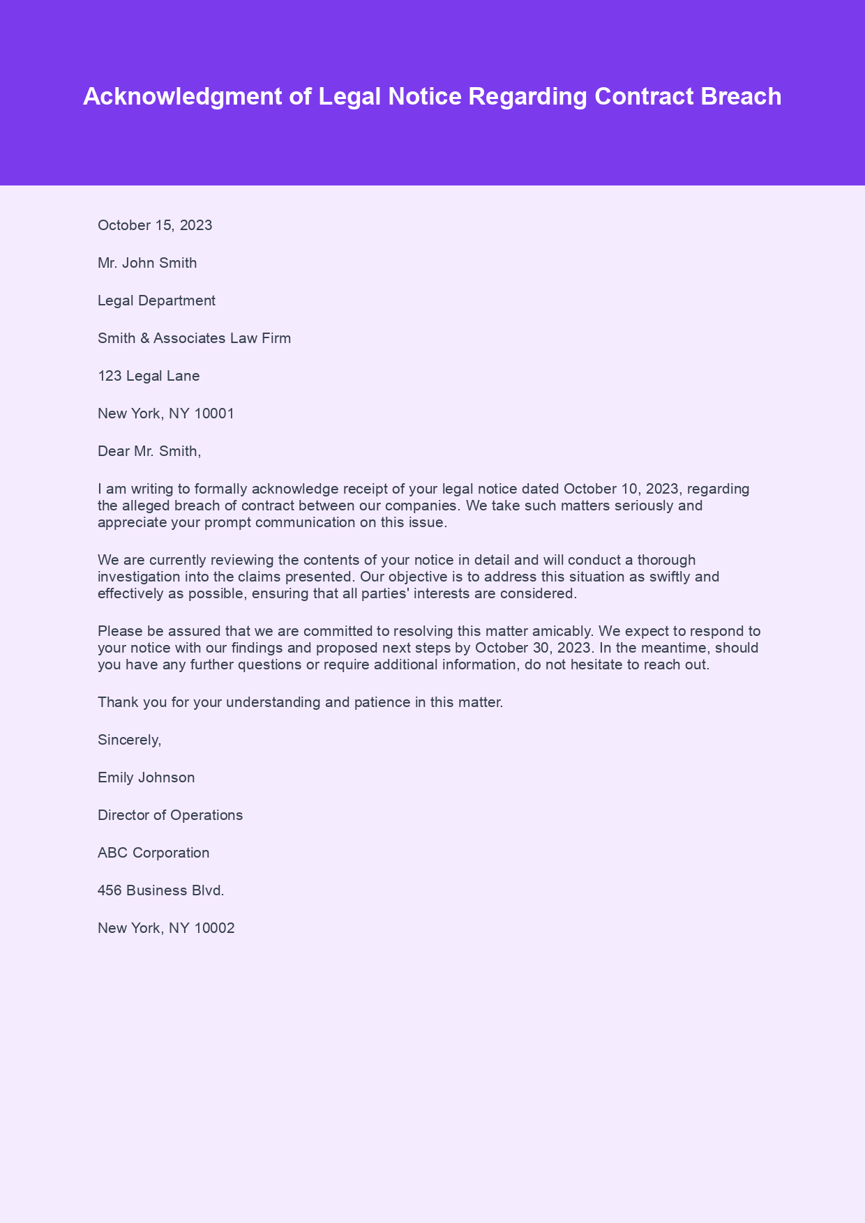 Acknowledgement Letter for Legal Notice Received Sample