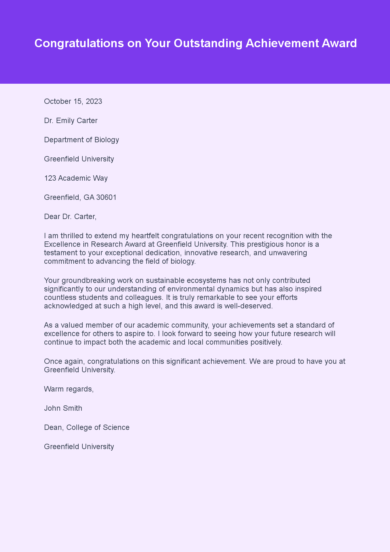 Congratulations Letter for Achievement Award - Examples, How to Write ...
